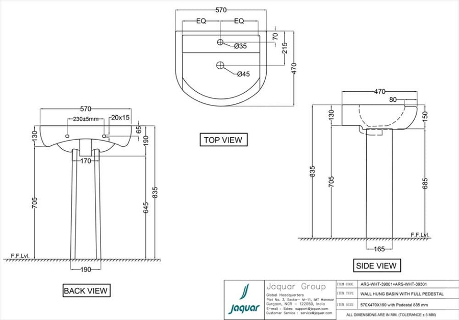 WASH BASIN WALL HUNG - JAQUAR SWARE - ( WHITE - ARIA - 560x480 mm - 22 ...