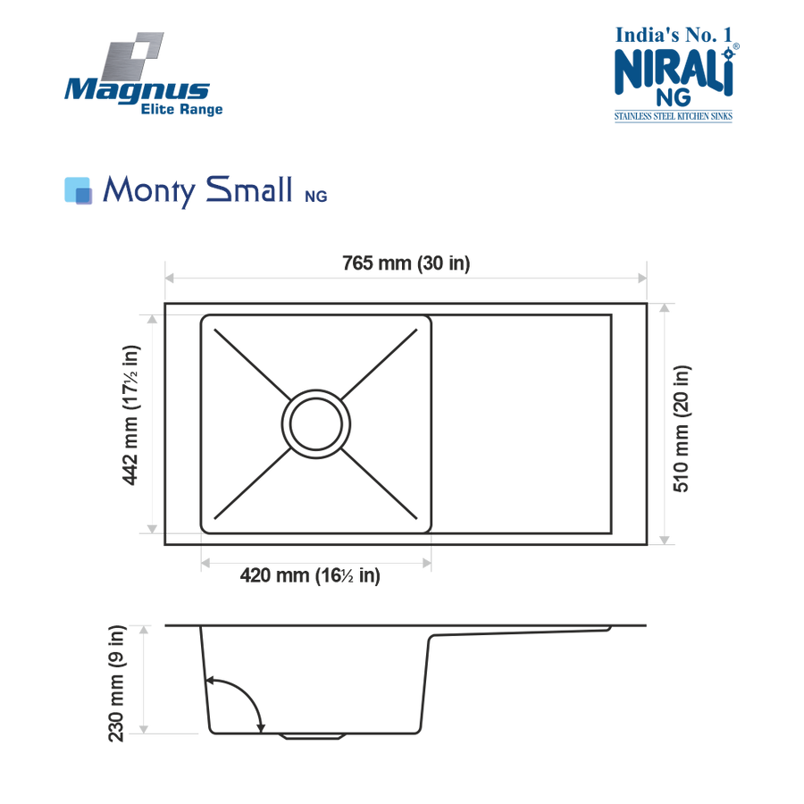 SS SINK 1.0 BOWL WITH DRAIN BOARD (DEPTH 9 ) MONTY SMALL (1MM THICKNES ...